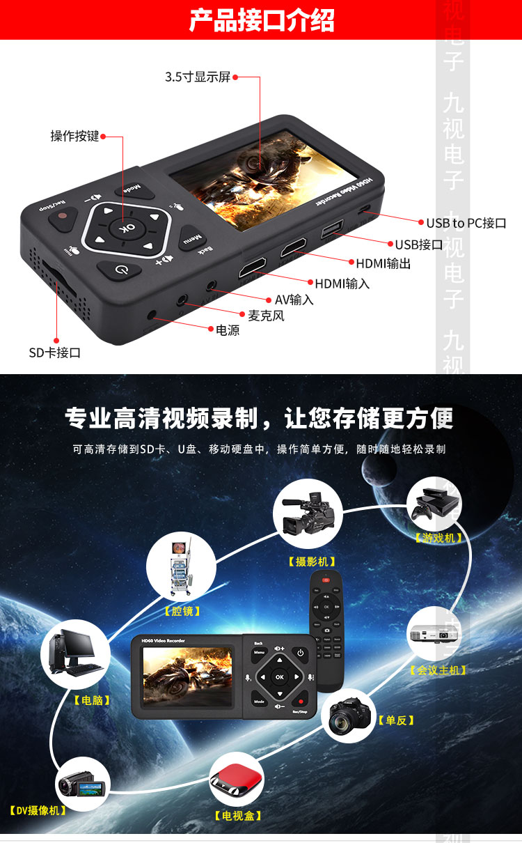 九视HD60高清HDMI带屏幕监视录制盒记录单元户外存-九视电子科技